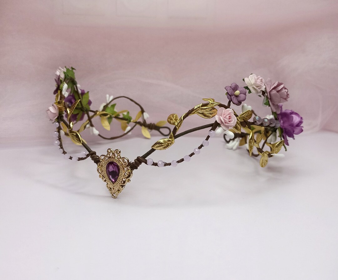 Elven Fairy Crown With Flowers and Gold Leaves Elven Flower Crown ...