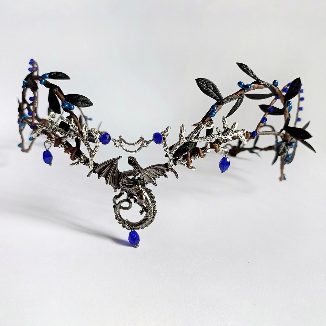 Dragon Tiara Woodland Tiara Dark Blue Moon Crown Elven Crown Dark Fairy ...