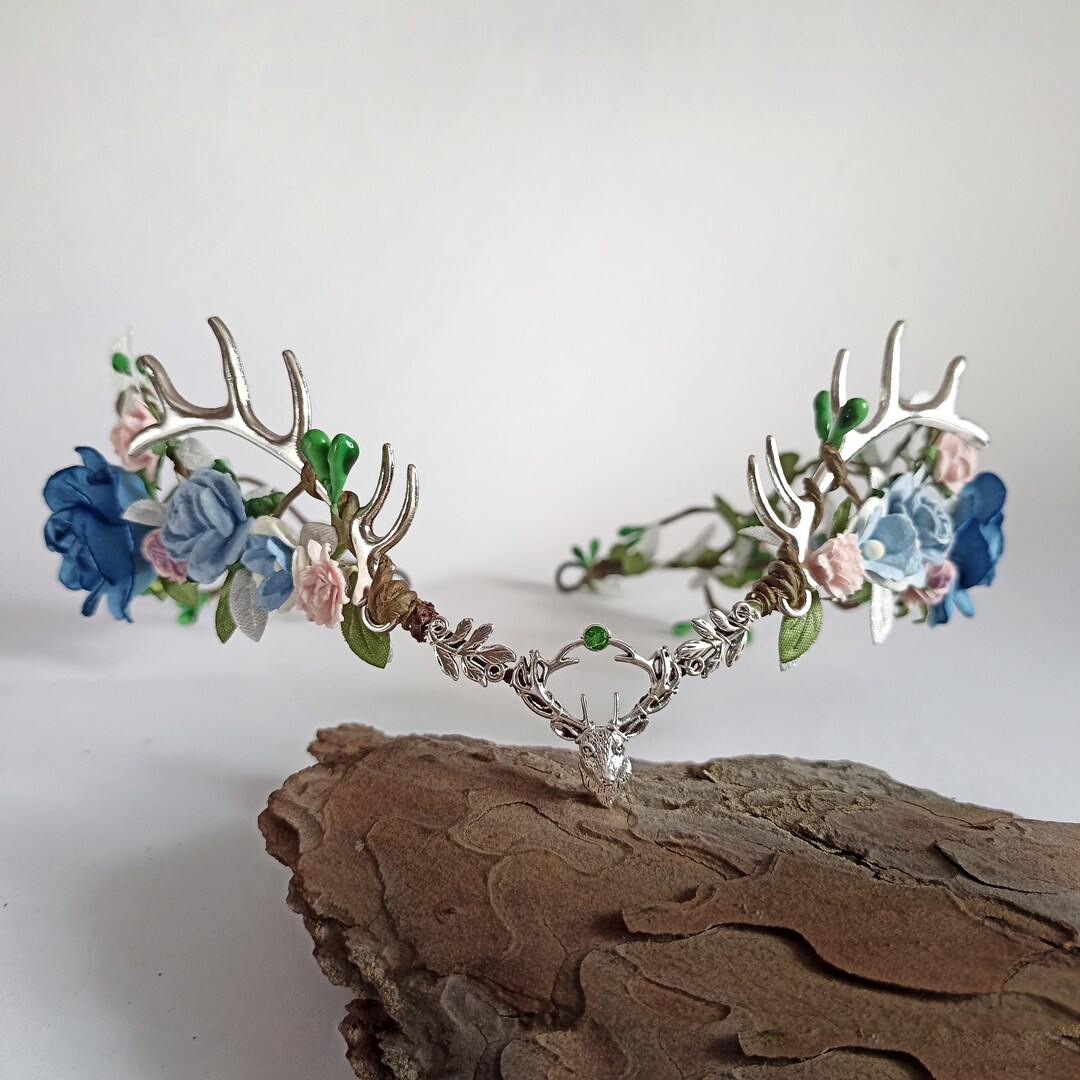 Elven Floral Crown With Antlers and Blue Roses Woodland Elf Tiara Elven ...