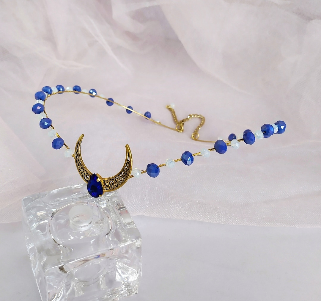 Moon Crown Gold Blue Moon Tiara Elven Wedding Headpiece Elf Fairy Crown ...