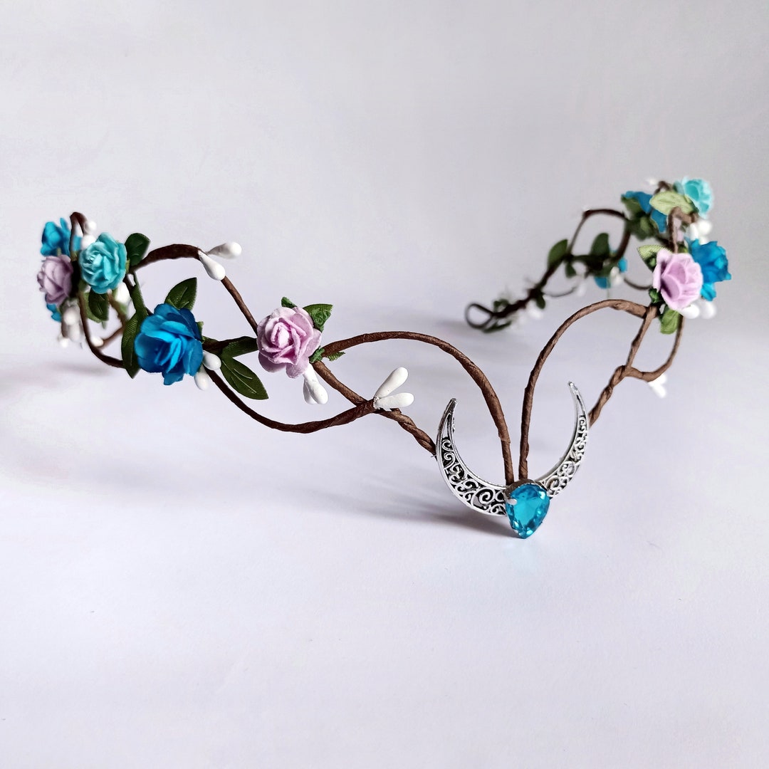 Moon Tiara Blue Elf Flower Crown Elven Fairy Crown Elf Tiara Elven ...