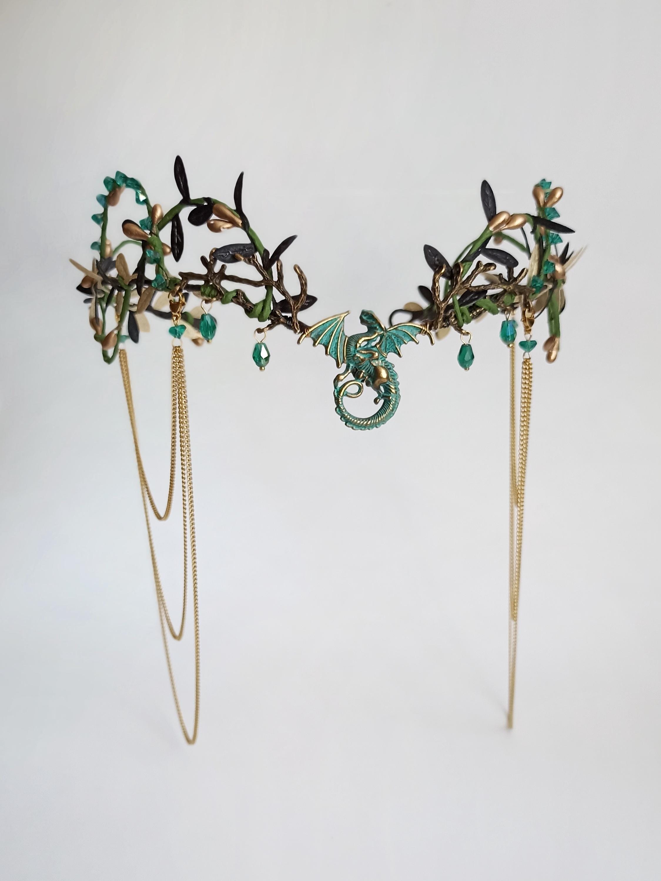 Elven Dragon Tiara With Green Crystals – Fantasy Crown With Chains ...