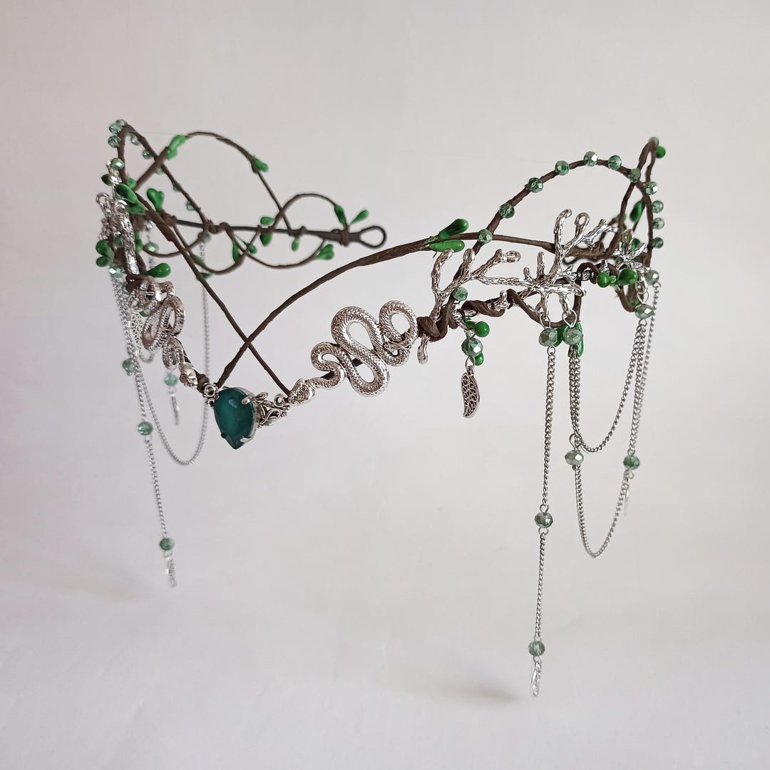 Elven Green Forest Crown With Chains Silver Woodland Tiara With Snakes ...