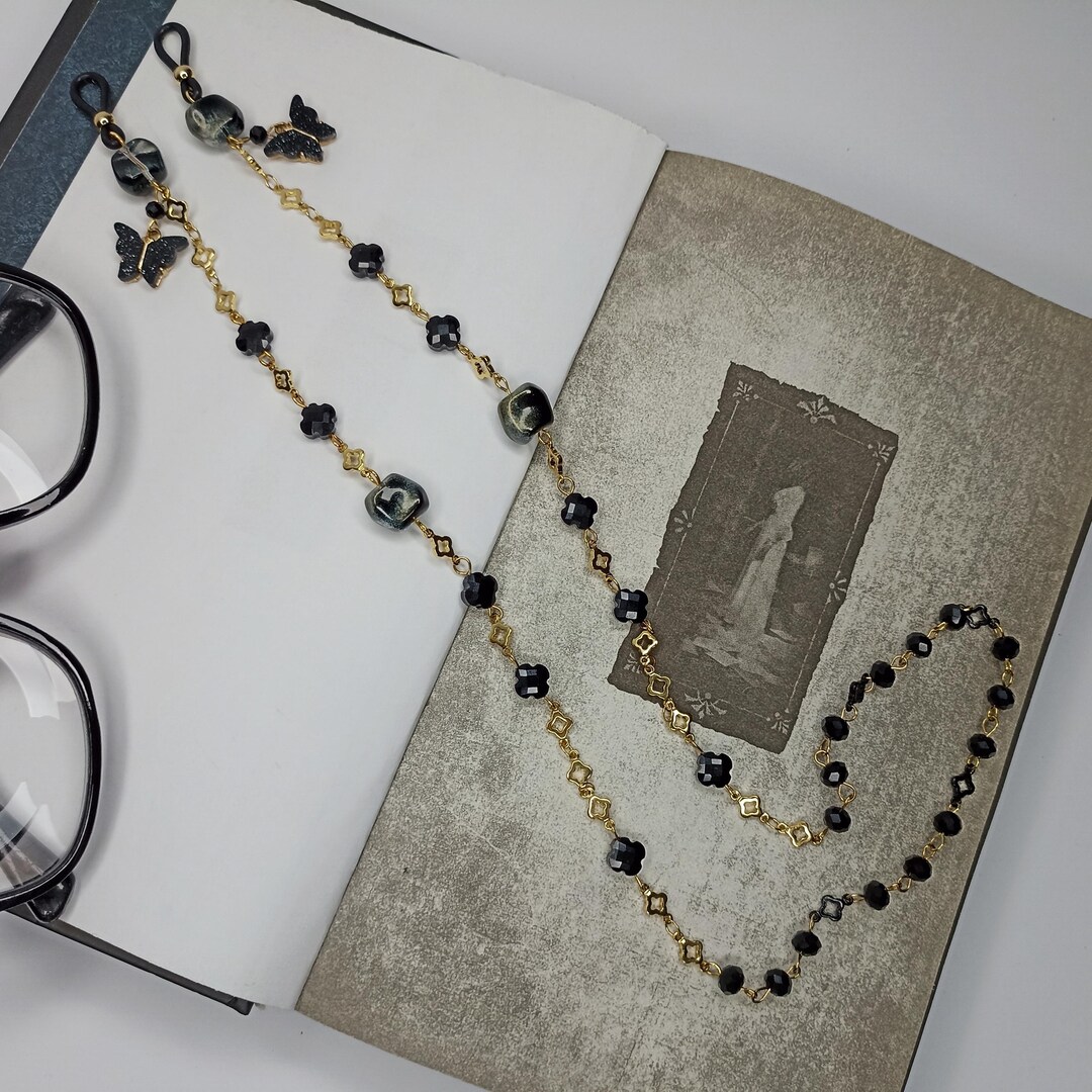 Gothic Gold Black Beaded Eyeglass Chain With Clover Links and ...