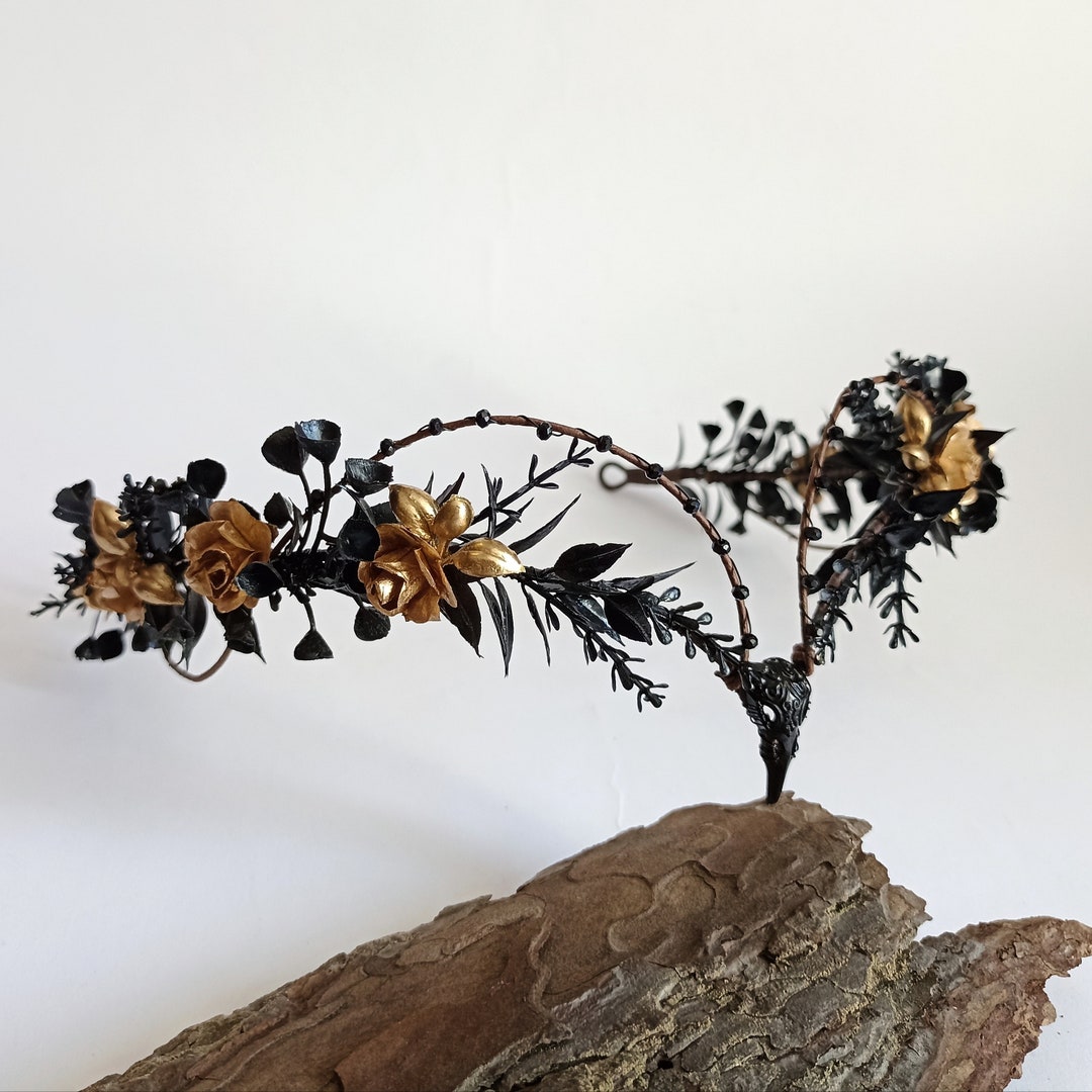 Black Gothic Tiara With Golden Flowers Raven Skull Crown Gold and Black ...