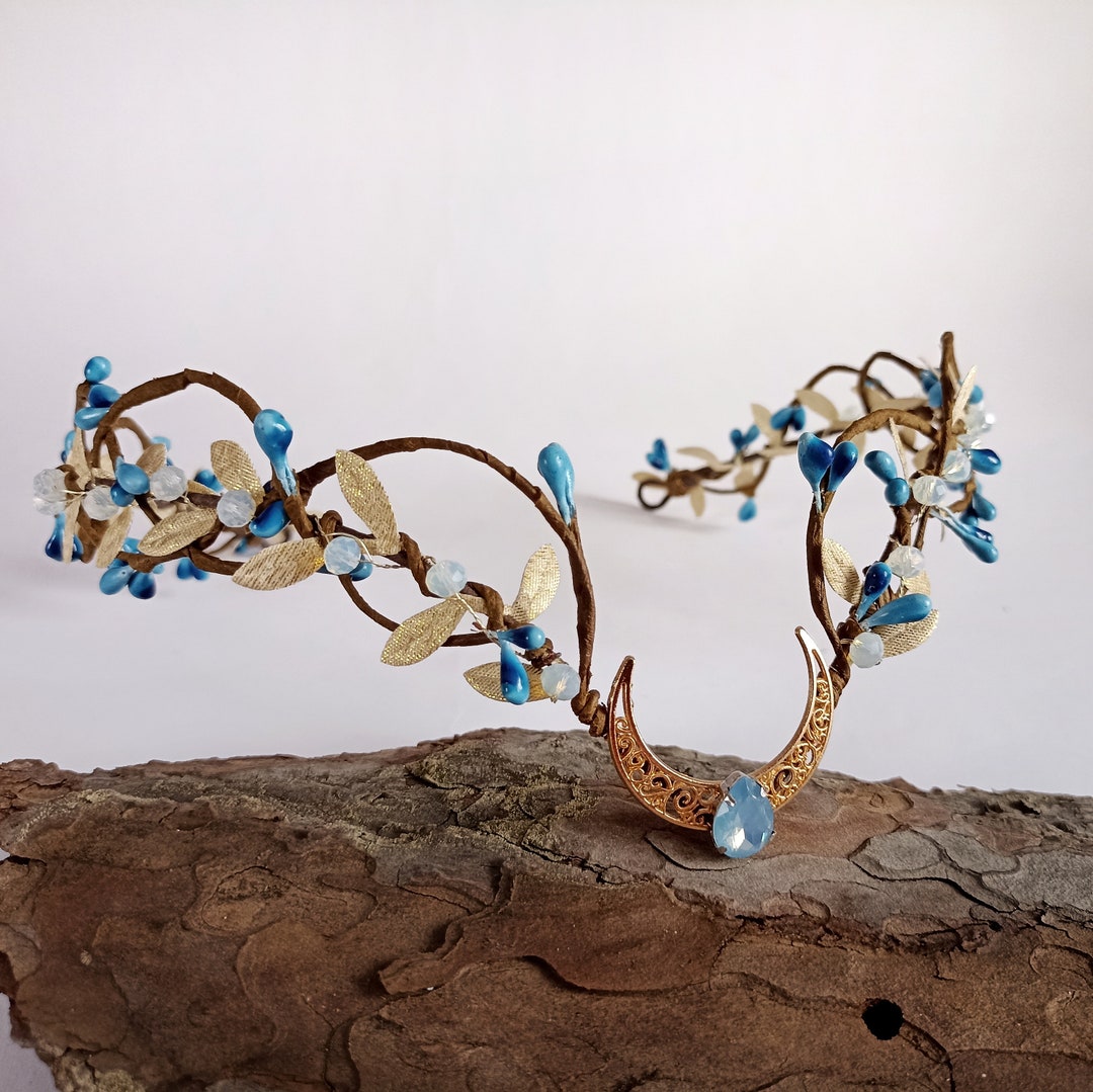 Fairy Crown Blue Gold Cresent Moon Headpiece Elven Wedding Tiara Elvish ...