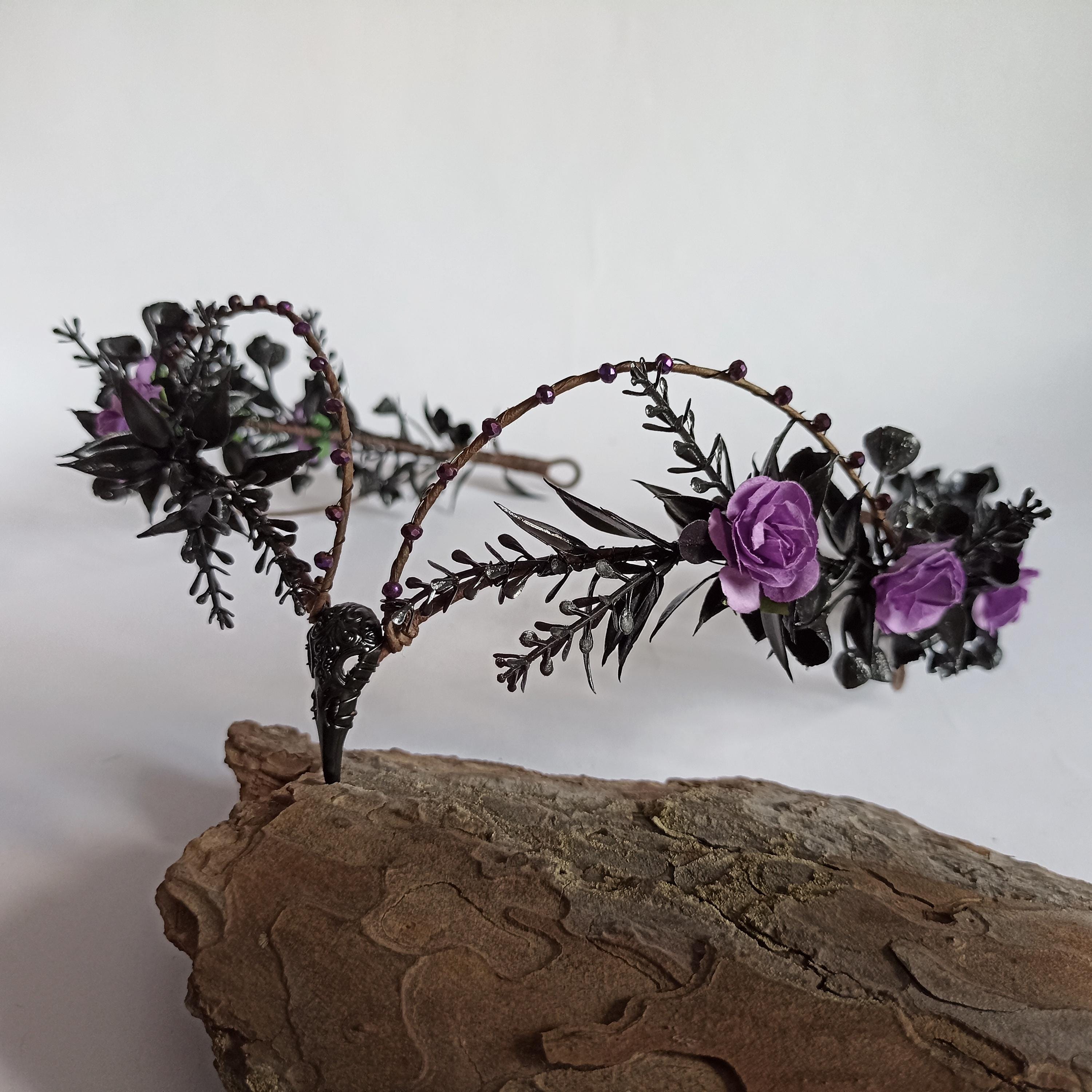 Black Purple Gothic Floral Tiara Raven Skull Crown Elven Goth Tiara ...
