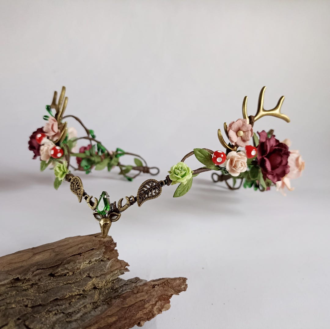Fairy Flower Crown With Antlers Burgundy and Pink Elven Floral ...