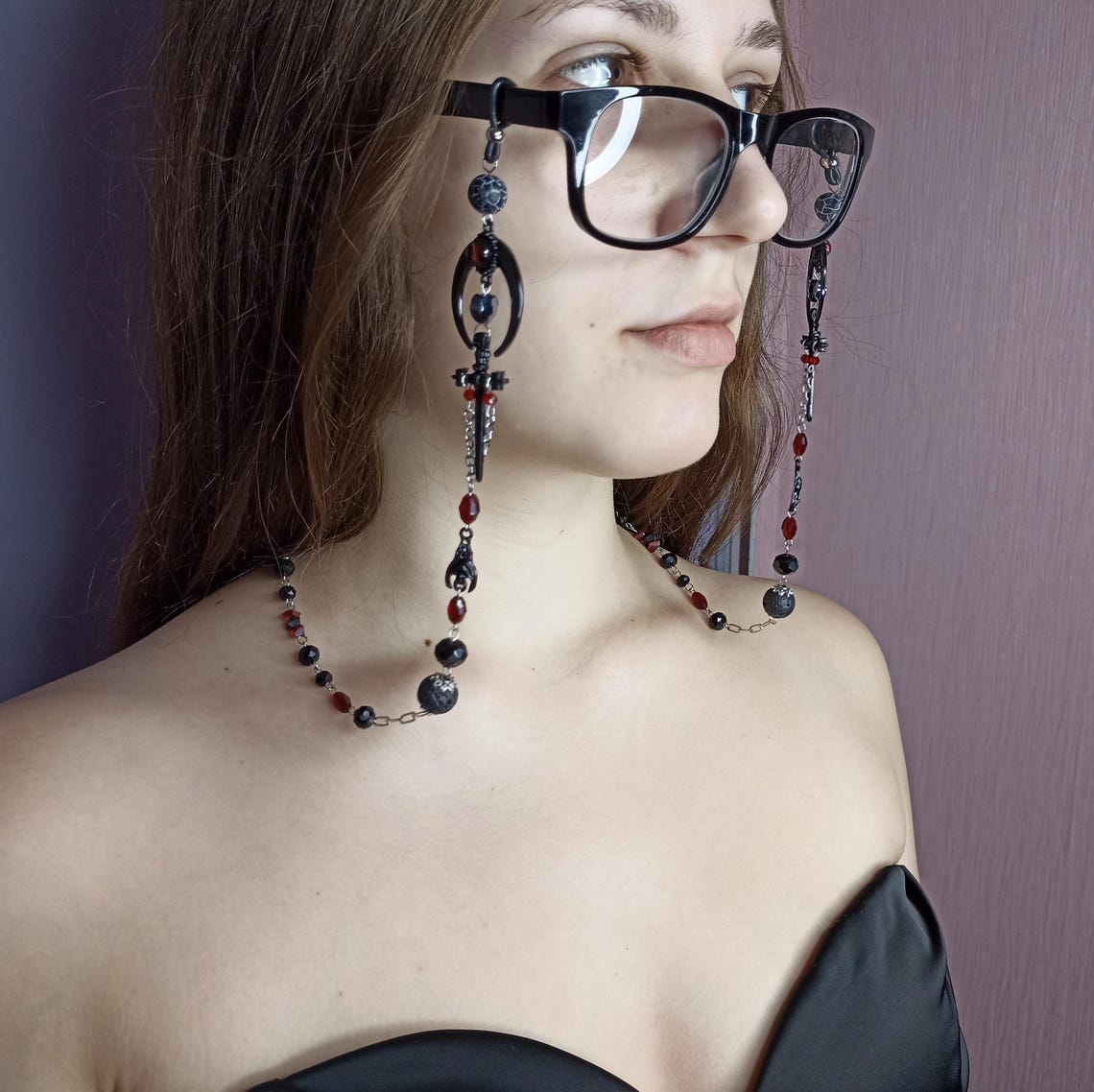 Goth Glasses Chain With Black Moon and Sword Glasses Chain Witchy ...