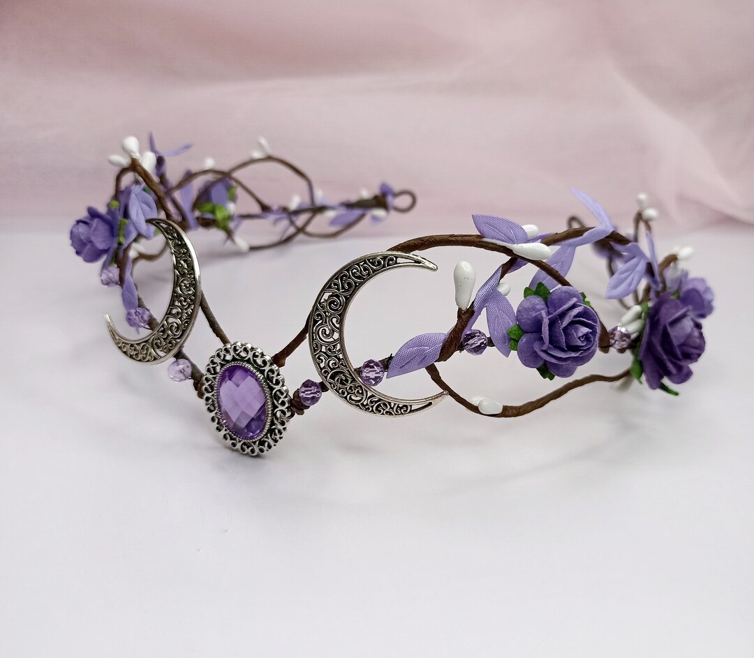 Moon Tiara Purple Triple Moon Crown Elven Flower Crown Elf Wedding ...