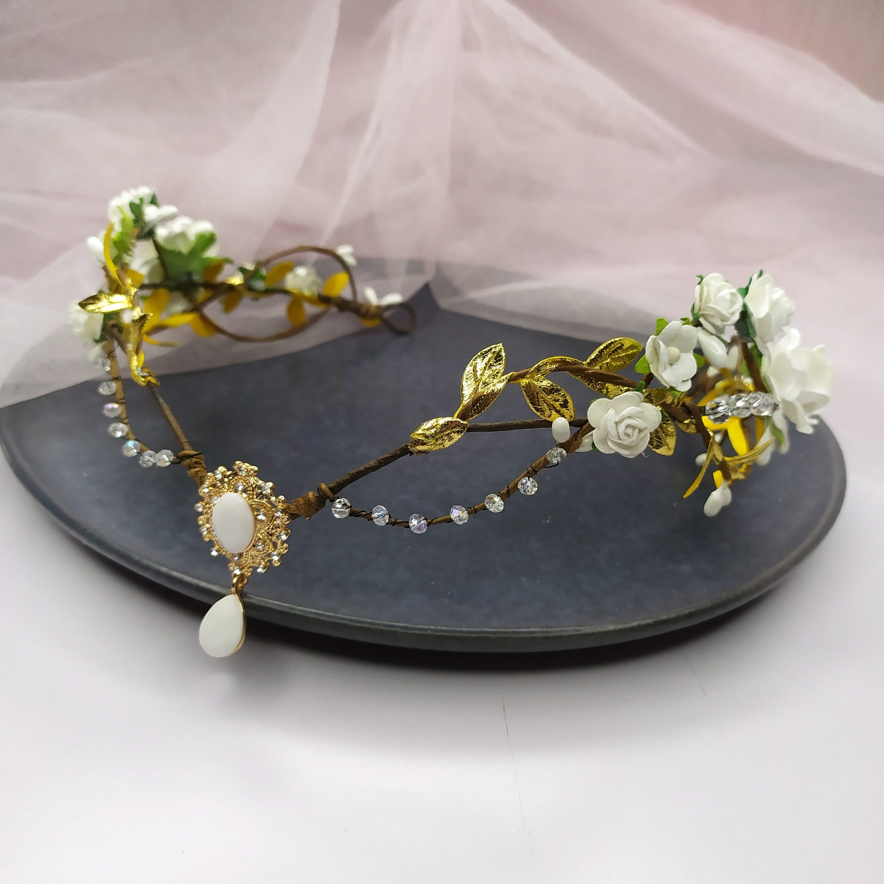 Elven Fairy Crown With White Flowers and Gold Leaves Elven - Etsy