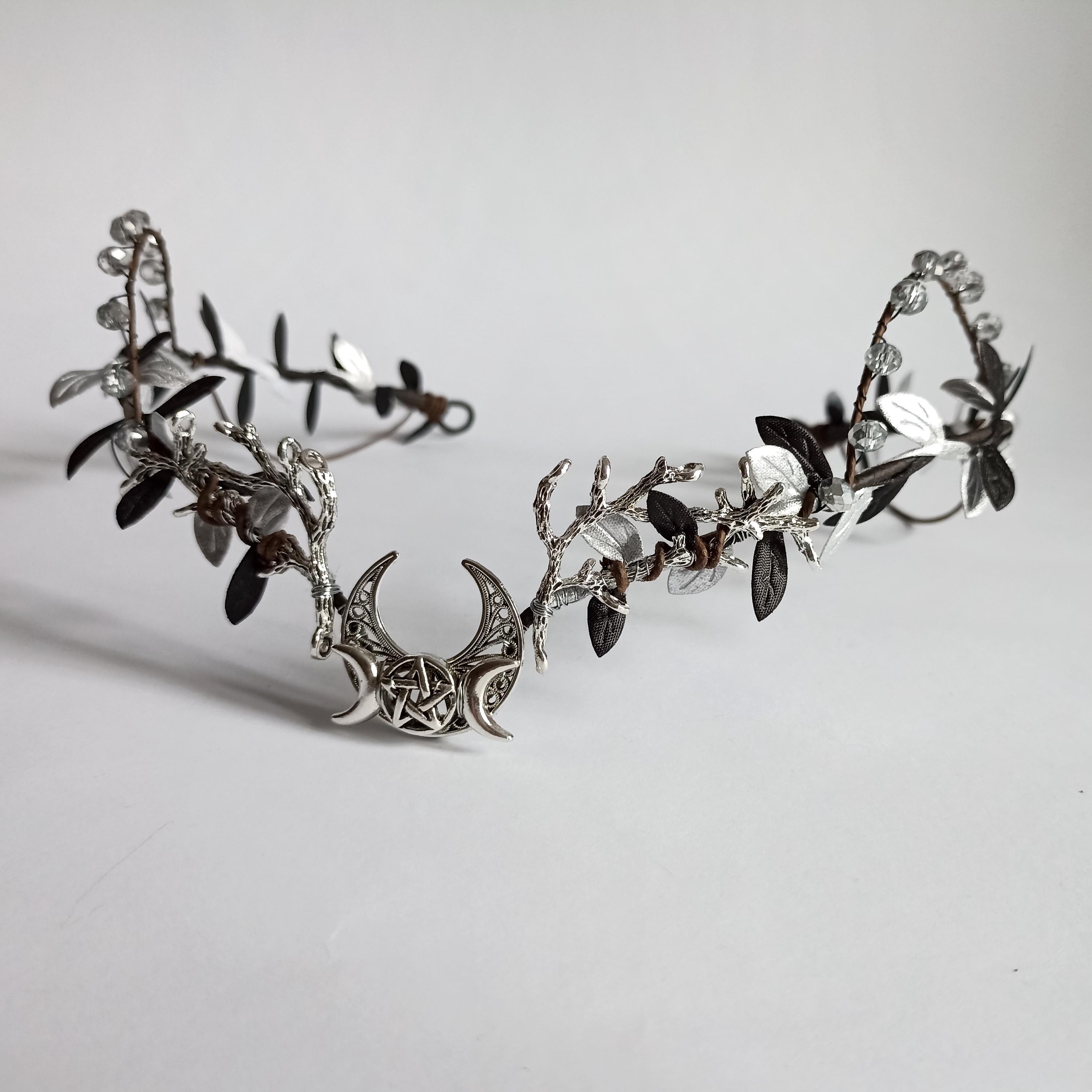 Moon Goddess Crown – Triple Moon Tiara With Pentacle, Elven Silver ...