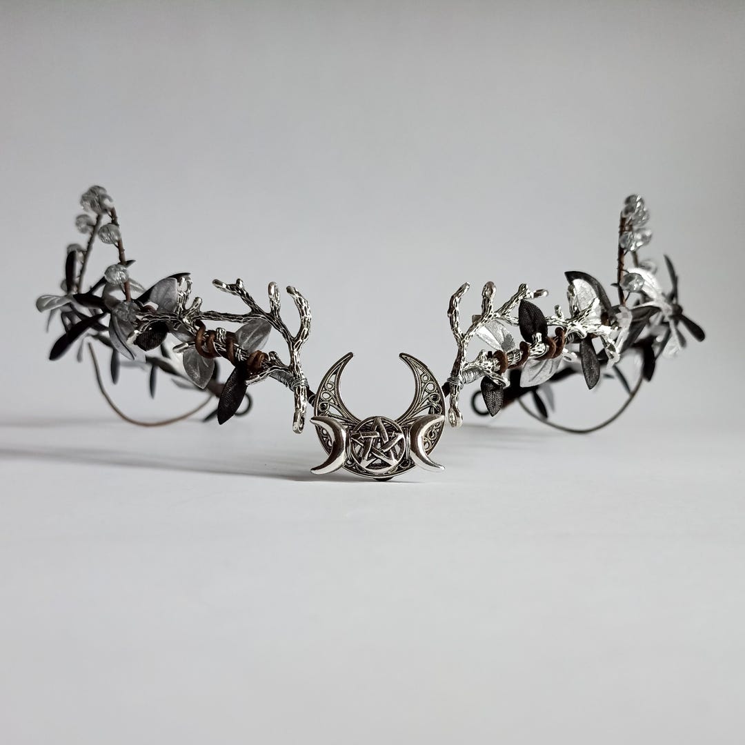 Moon Goddess Crown – Triple Moon Tiara With Pentacle, Elven Silver ...