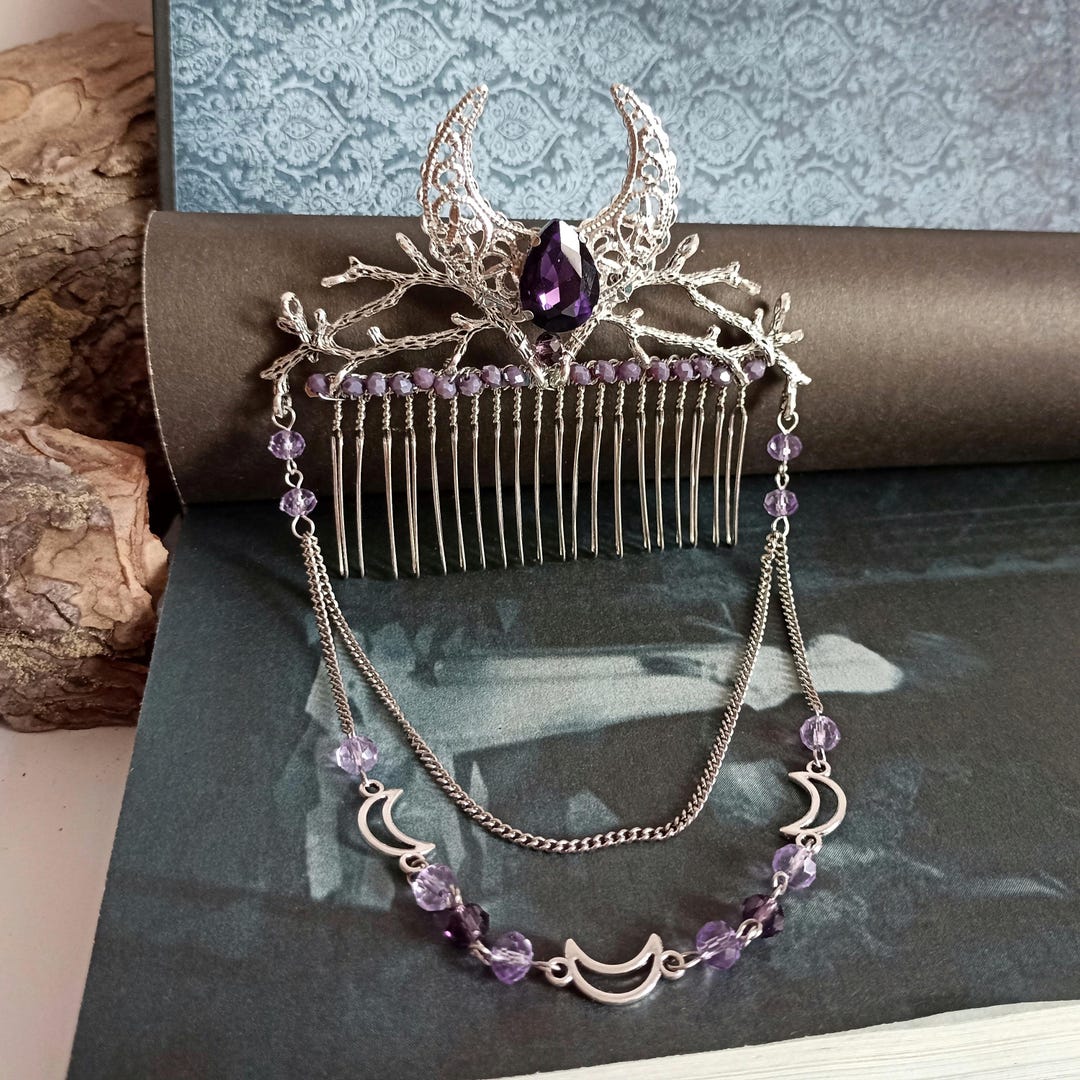 Goth Hair Comb Purple Silver Moon Hair Clip With Chain Moon Hair ...