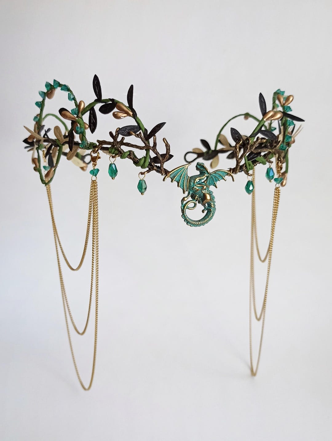 Elven Dragon Tiara With Green Crystals – Fantasy Crown With Chains ...