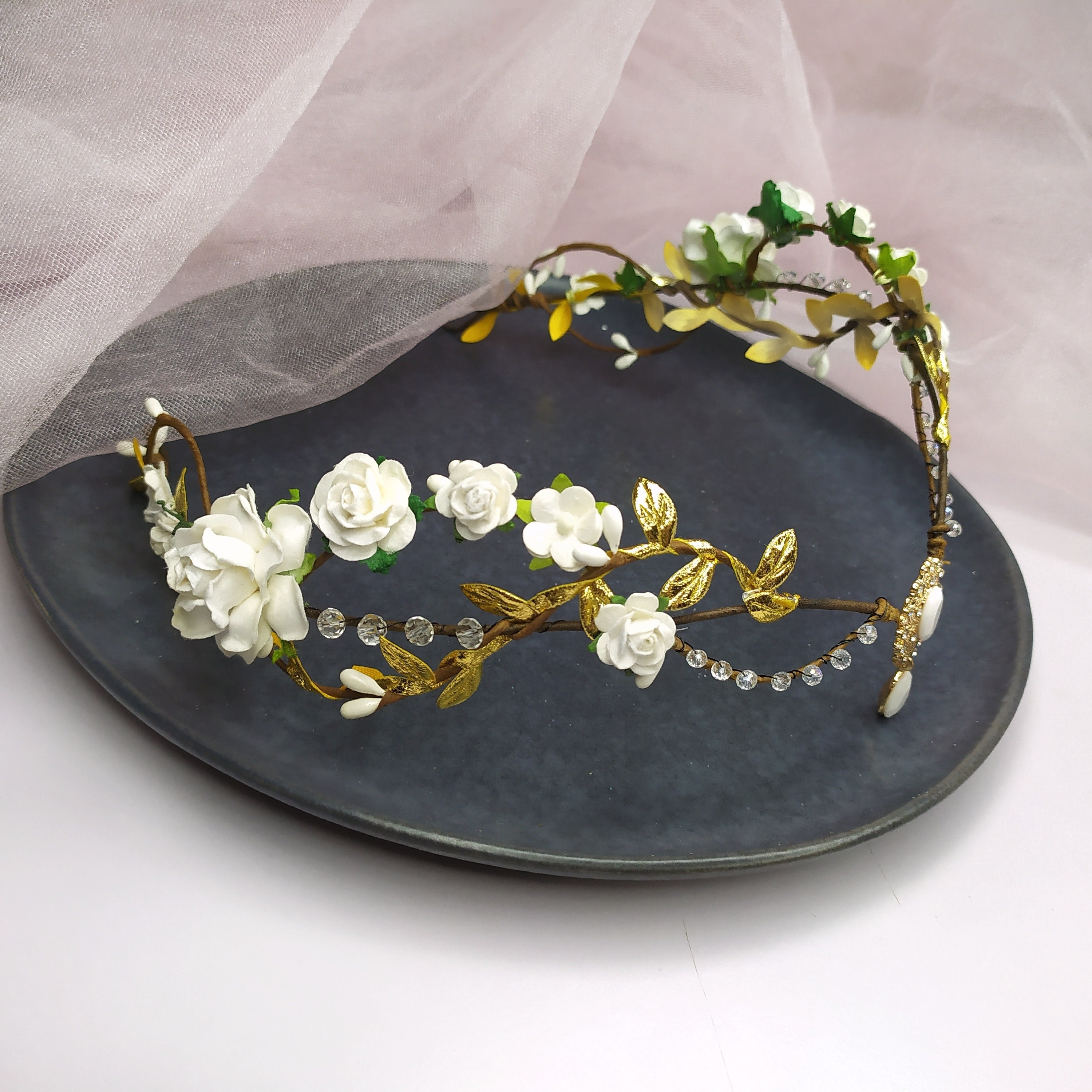 Elven Fairy Crown With White Flowers and Gold Leaves Elven - Etsy