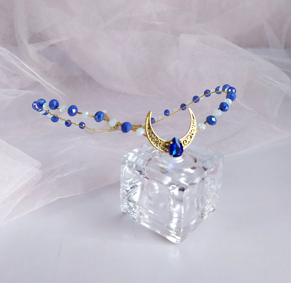 Moon Crown Gold Blue Moon Tiara Elven Wedding Headpiece Elf - Etsy