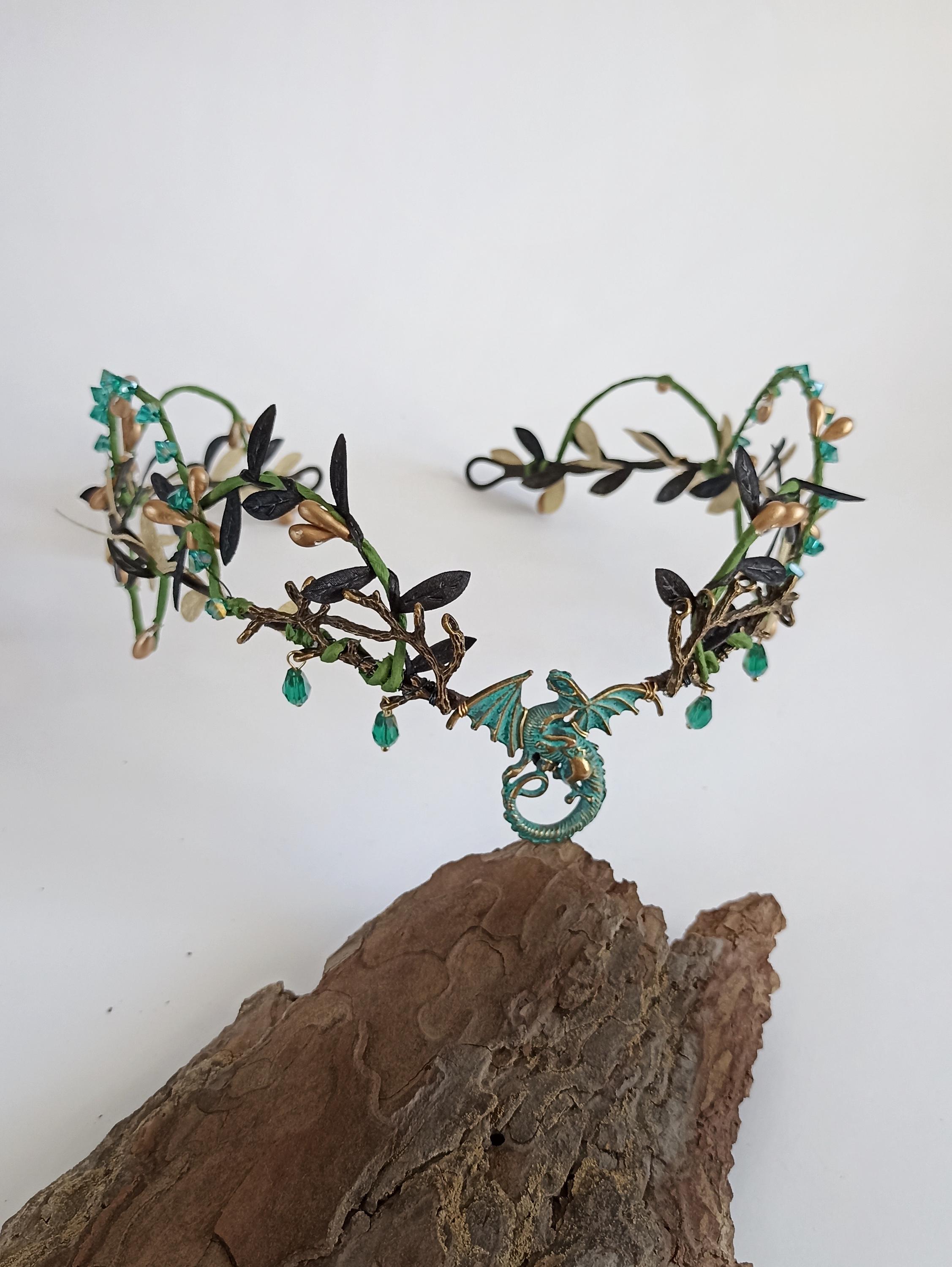Elven Dragon Tiara With Green Crystals – Fantasy Crown With Chains ...