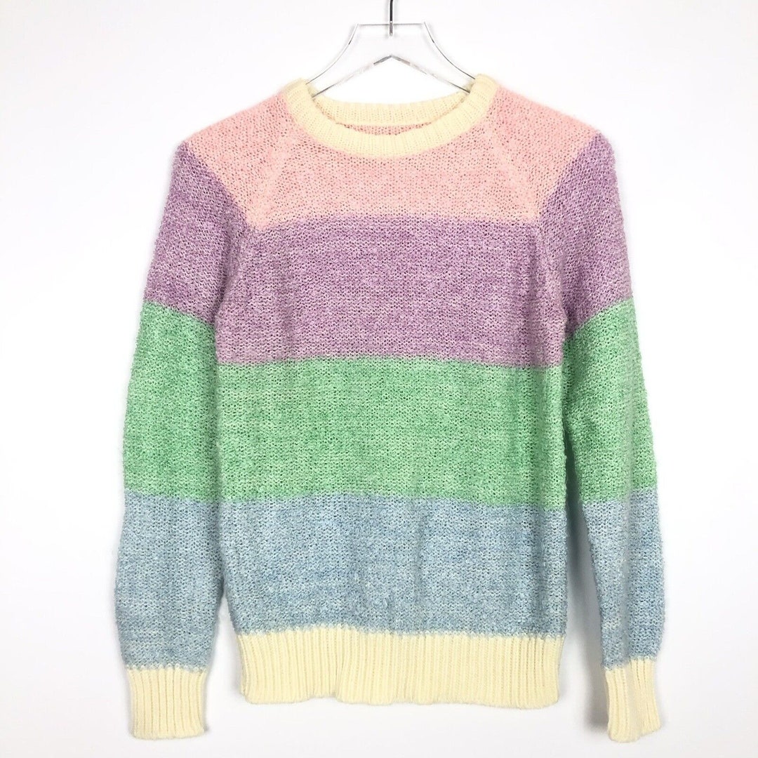 Vintage 80s Pastel Color Block Sweater Crew Neck Raglan Sleeve Pink