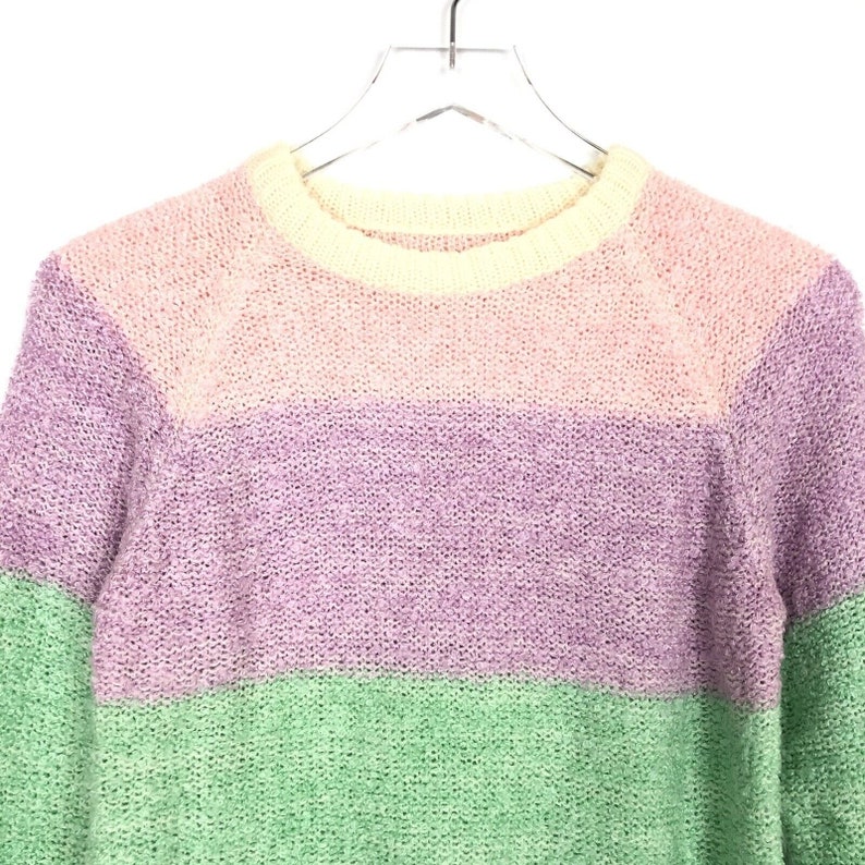 Vintage 80s Pastel Color Block Sweater Crew Neck Raglan Sleeve Pink