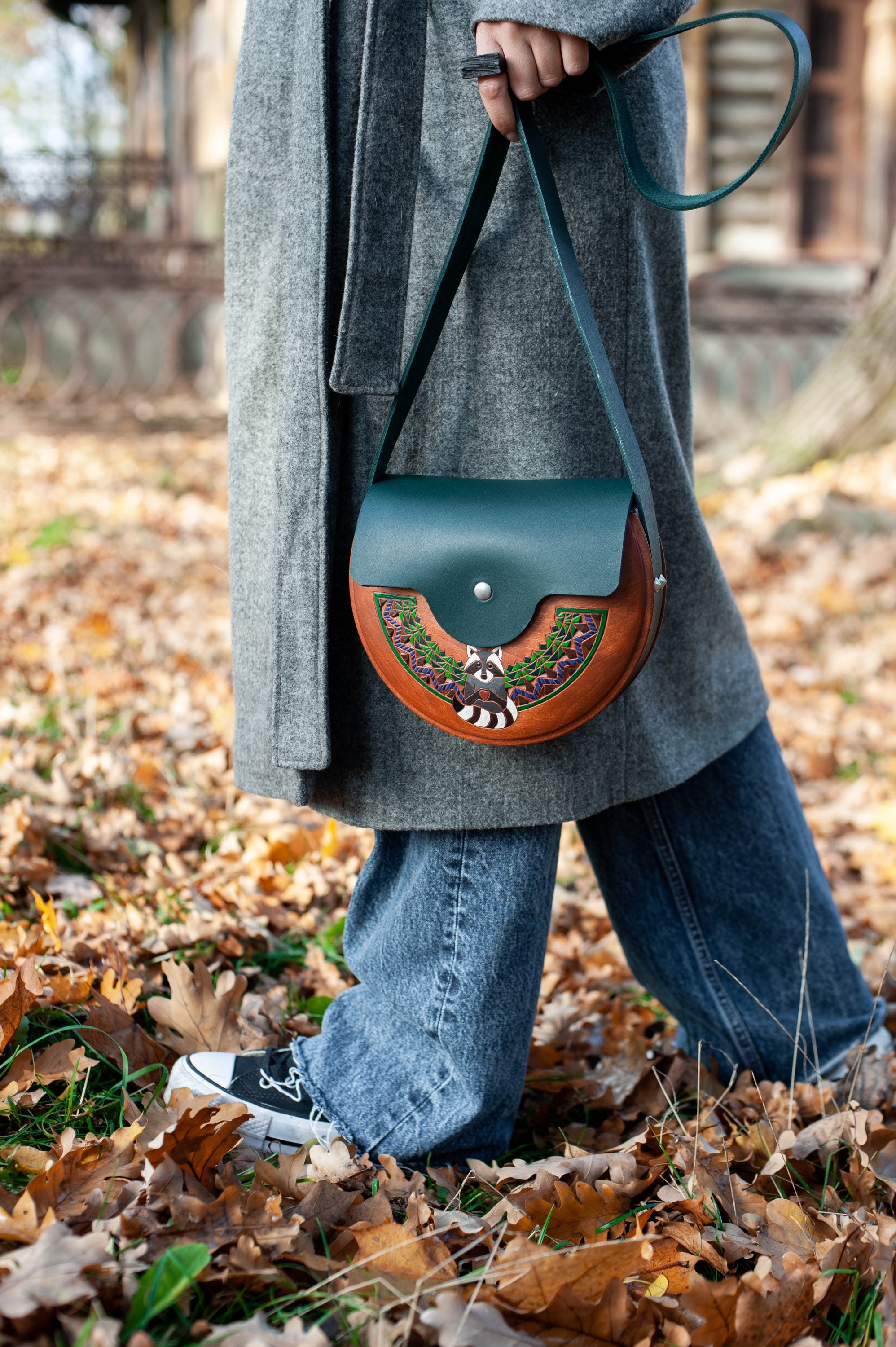 IN STOCK, Green Crossbody Bag, Raccoon Ornament Bag, Raccoon Painting ...