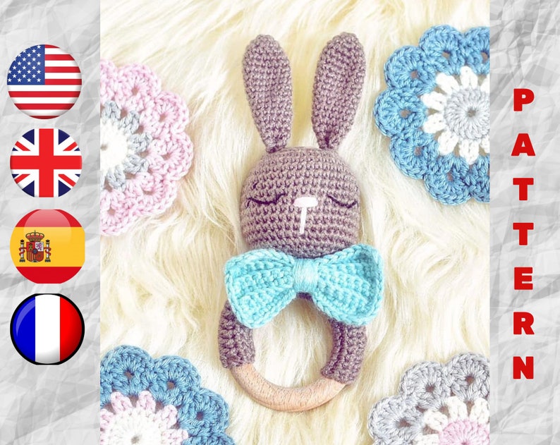 Crochet pattern Bunny Baby Rattle on Wooden Teething Ring DIY | Etsy