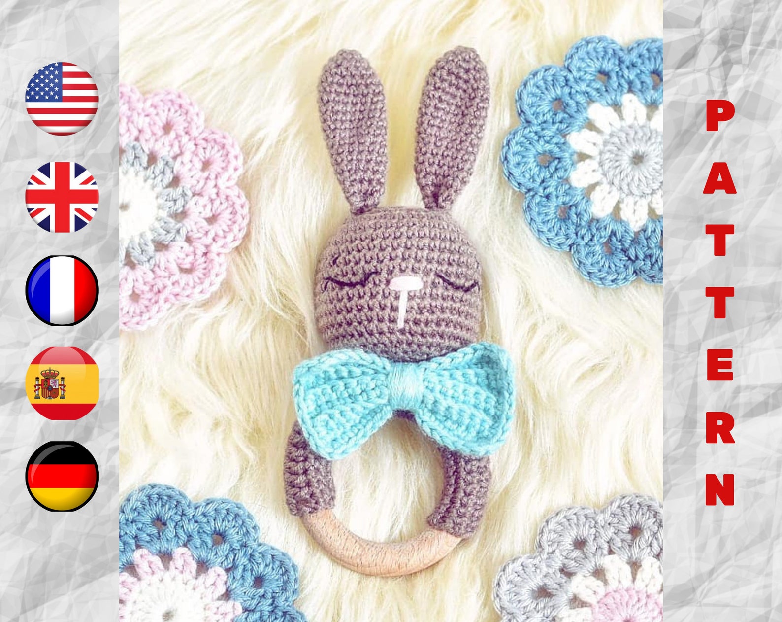 Crochet Pattern Bunny Baby Rattle on Wooden Teething Ring DIY - Etsy