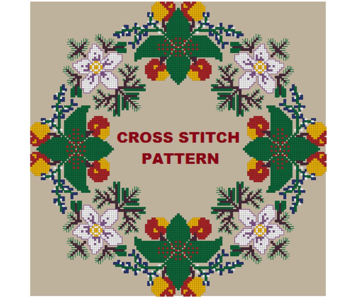 Christmas Round Tablecloth Cross Stitch Pattern, Wreath Embroidery ...