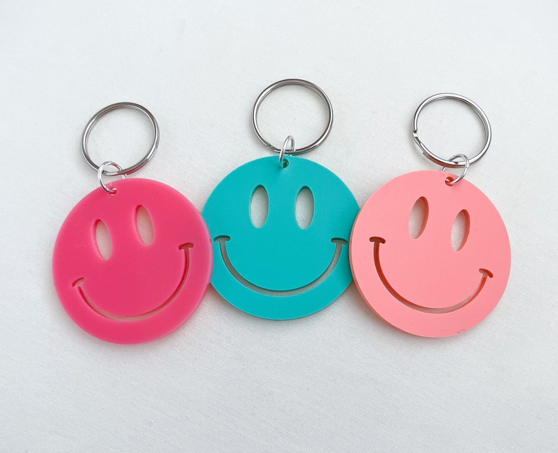 Smiley Face Keychains, Happy Face Keychain, Acrylic Keychains, Flower ...