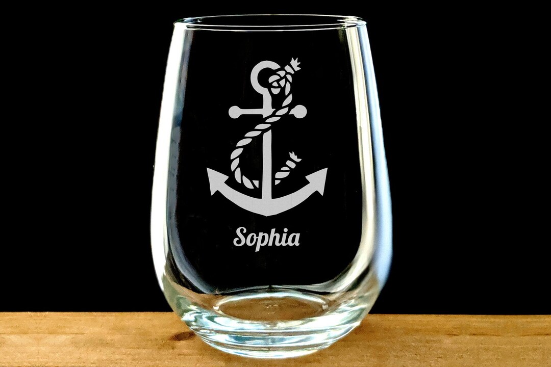 Engraved Anchor Stemless Wine Glass: Personalized Nautical Gift - Etsy