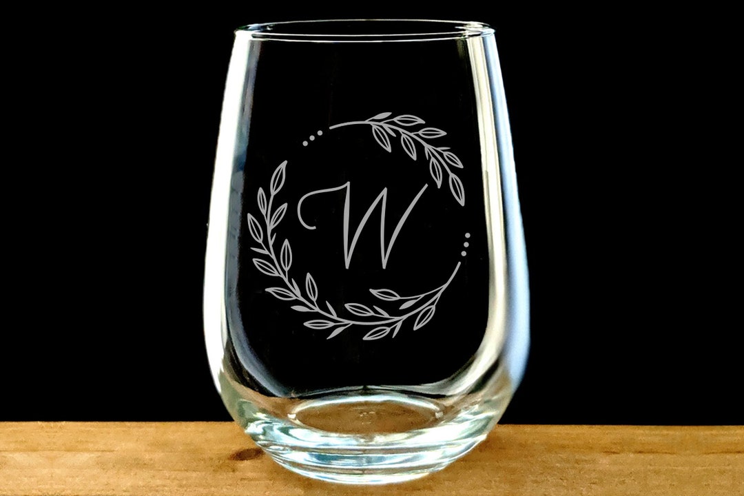 Engraved Floral Monogram Wine Glass: Personalized Stemless Initial - Etsy