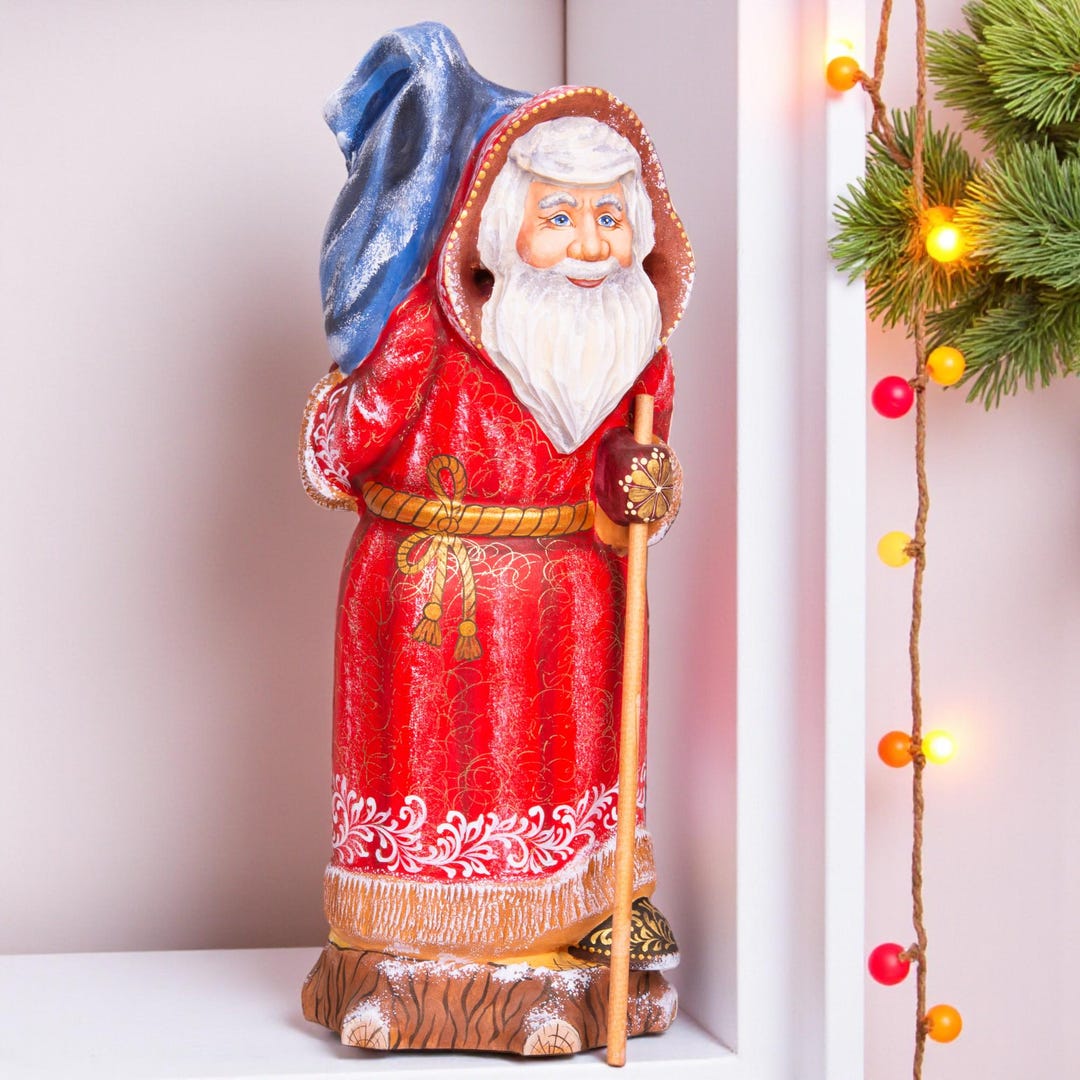 Retro Santa Claus Wooden Figurine 12 Inch, Fawn on Toy Sack ...