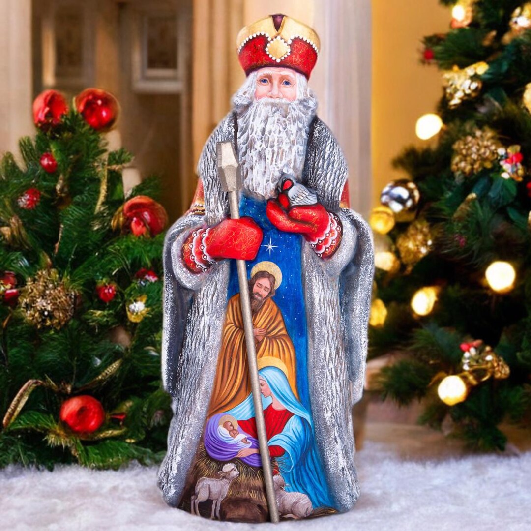 Nativity Scene Wooden Hand Carved Santa Claus Figurine 12.9", Handmade ...