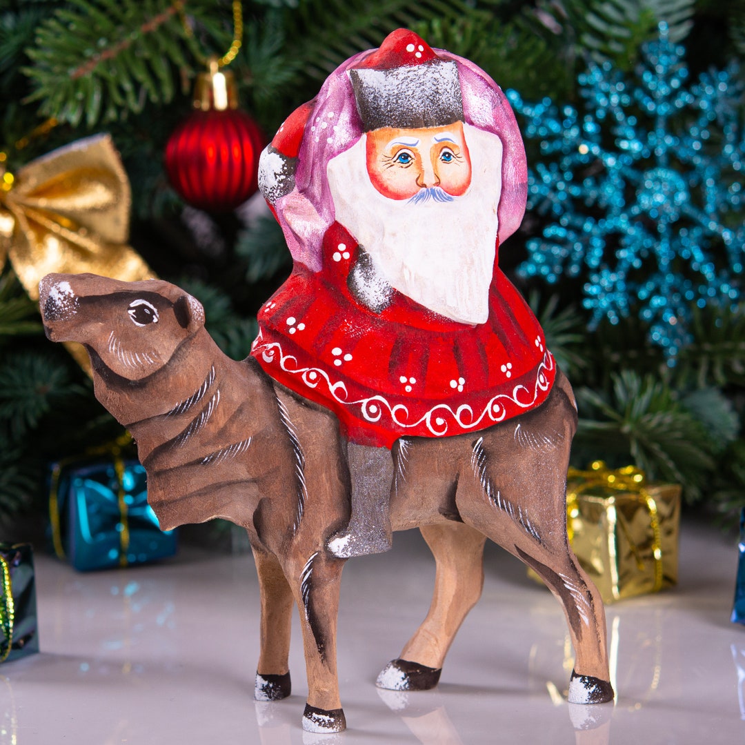 Wooden Santa Claus Figurine Riding a Camel, Retro Christmas Holiday ...