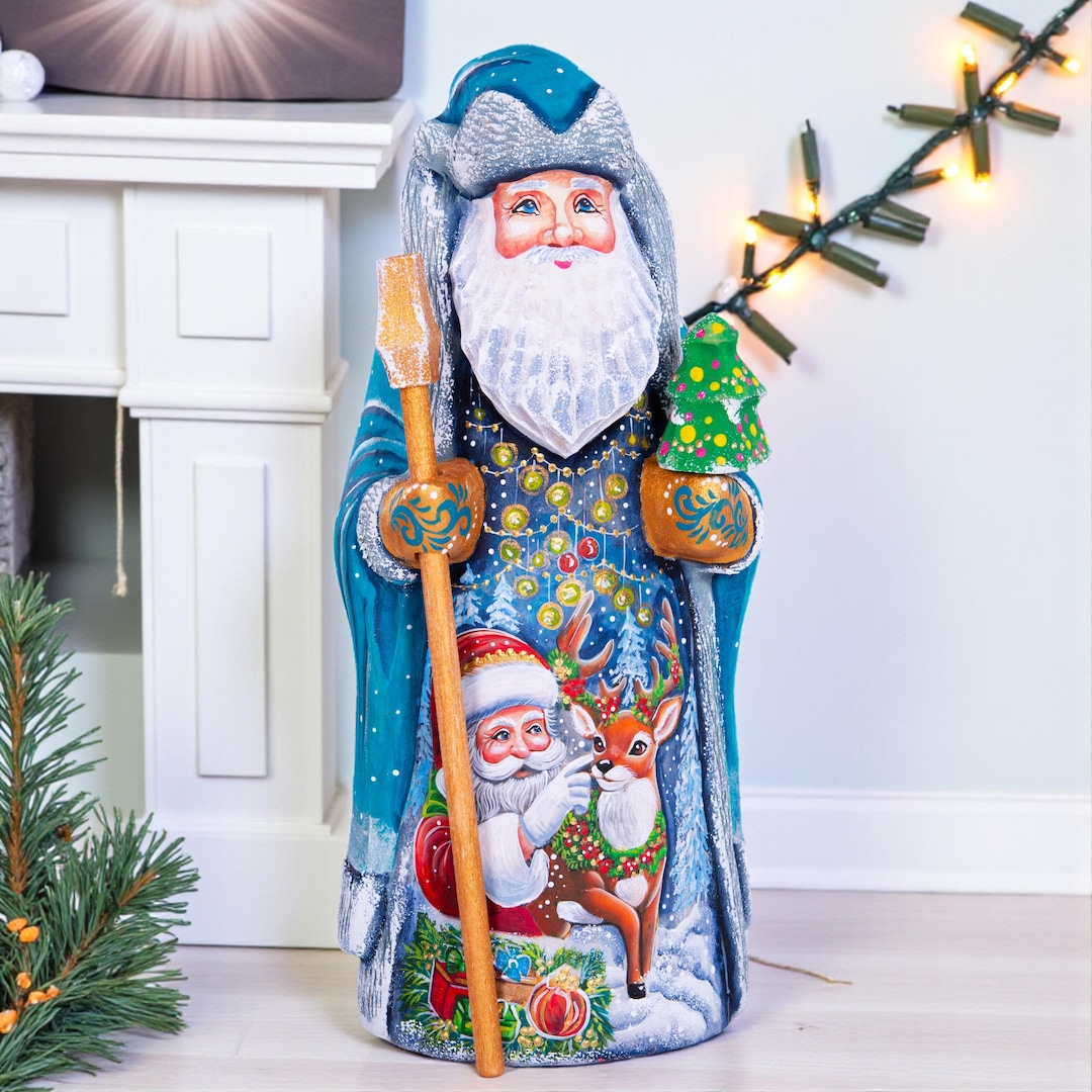 Hand-carved Wooden Santa Claus Figurine: 9" Hand-painted Christmas ...