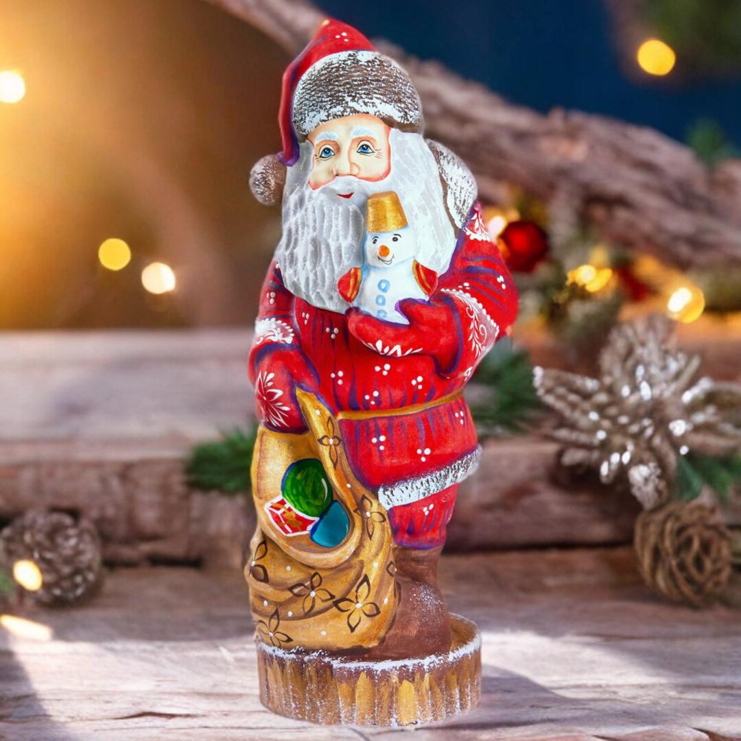 Wooden Hand Carved Santa Claus Figurine 10", Handmade Home Christmas ...