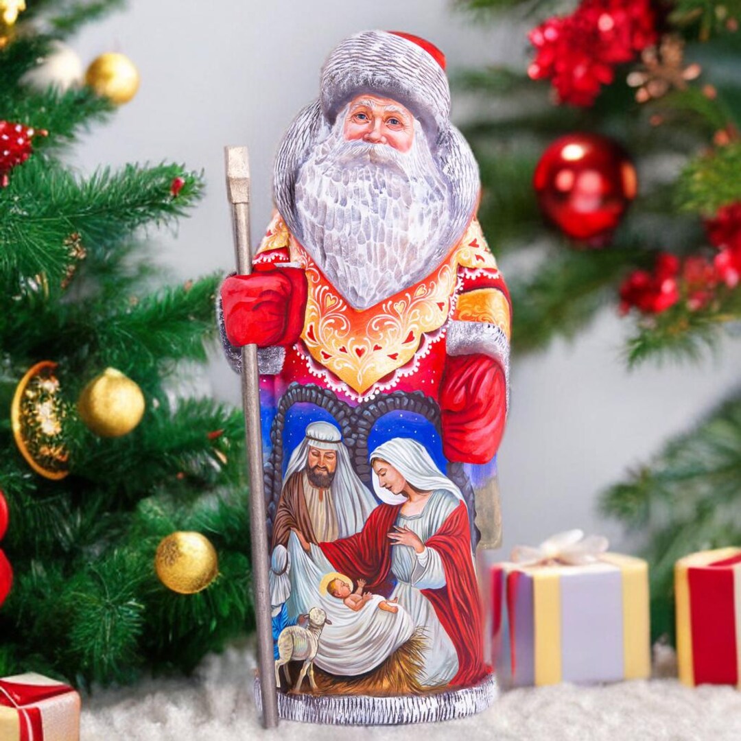 Wooden Hand Carved Santa Claus Figurine 12.9", Handmade Nativity Scene ...