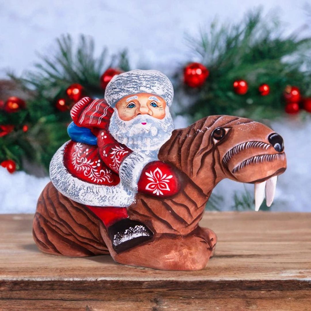 Wooden Hand Carved Vintage Santa Claus Figurine Riding a Walrus ...