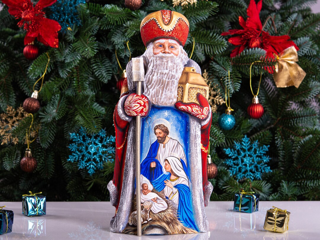 Wooden Hand Carved Santa Claus Figurine, Hand Painted Nativity Scene ...