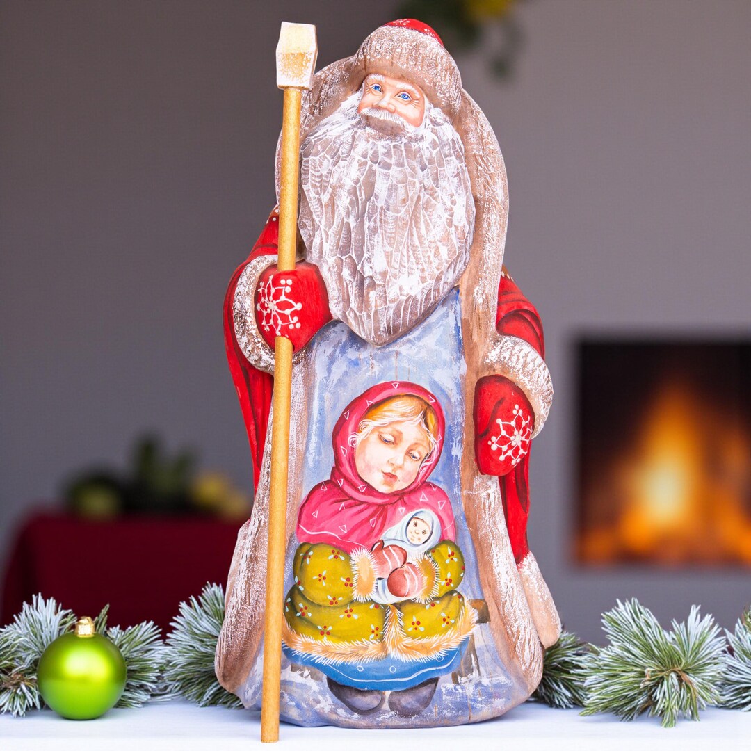 Father Christmas Figurine, Carved Wood, Folk Art Child Scene, 9.4 Inch ...
