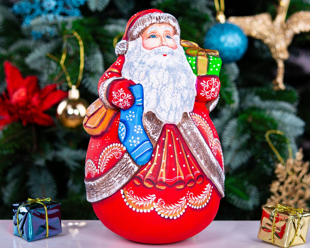 Wooden Hand Carved Santa Claus Figurine, Handmade Christmas Holiday ...