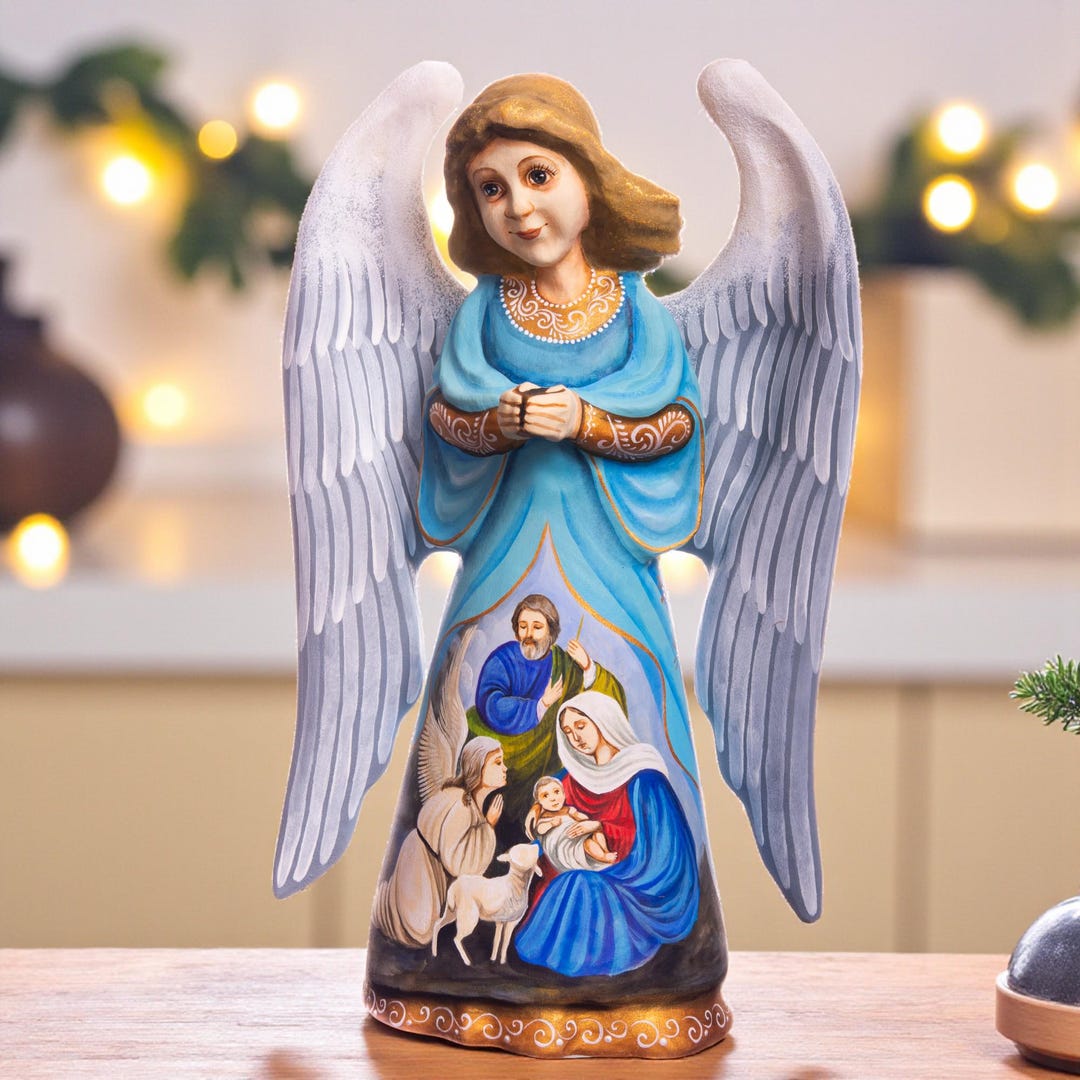 Hand Carved Angel Figurine 9 Inch, Holy Family Nativity Scene Mantel ...