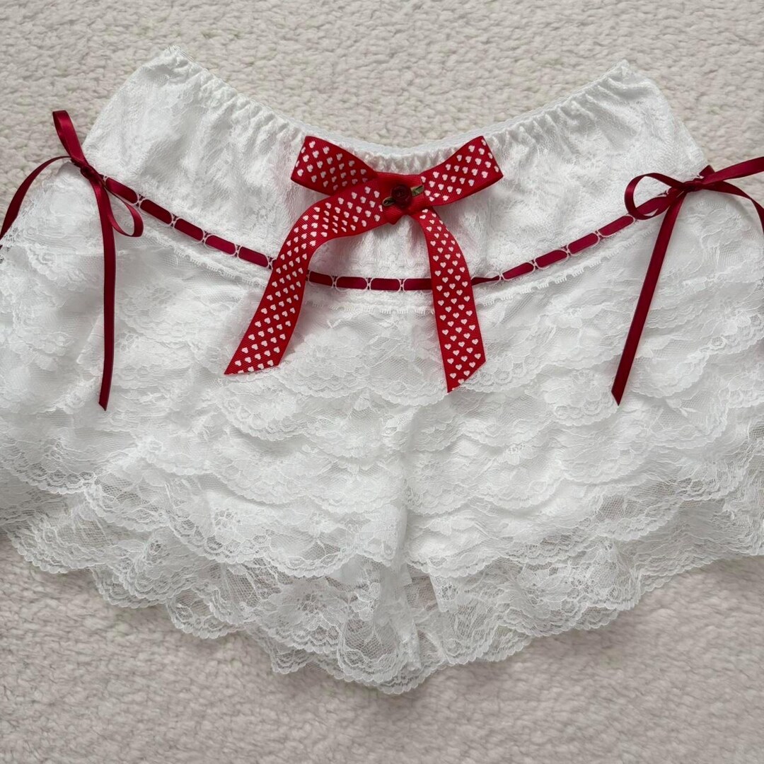 White Lace Ruffle Bloomer Shorts: Red Heart Bow, Red Rosebud ...