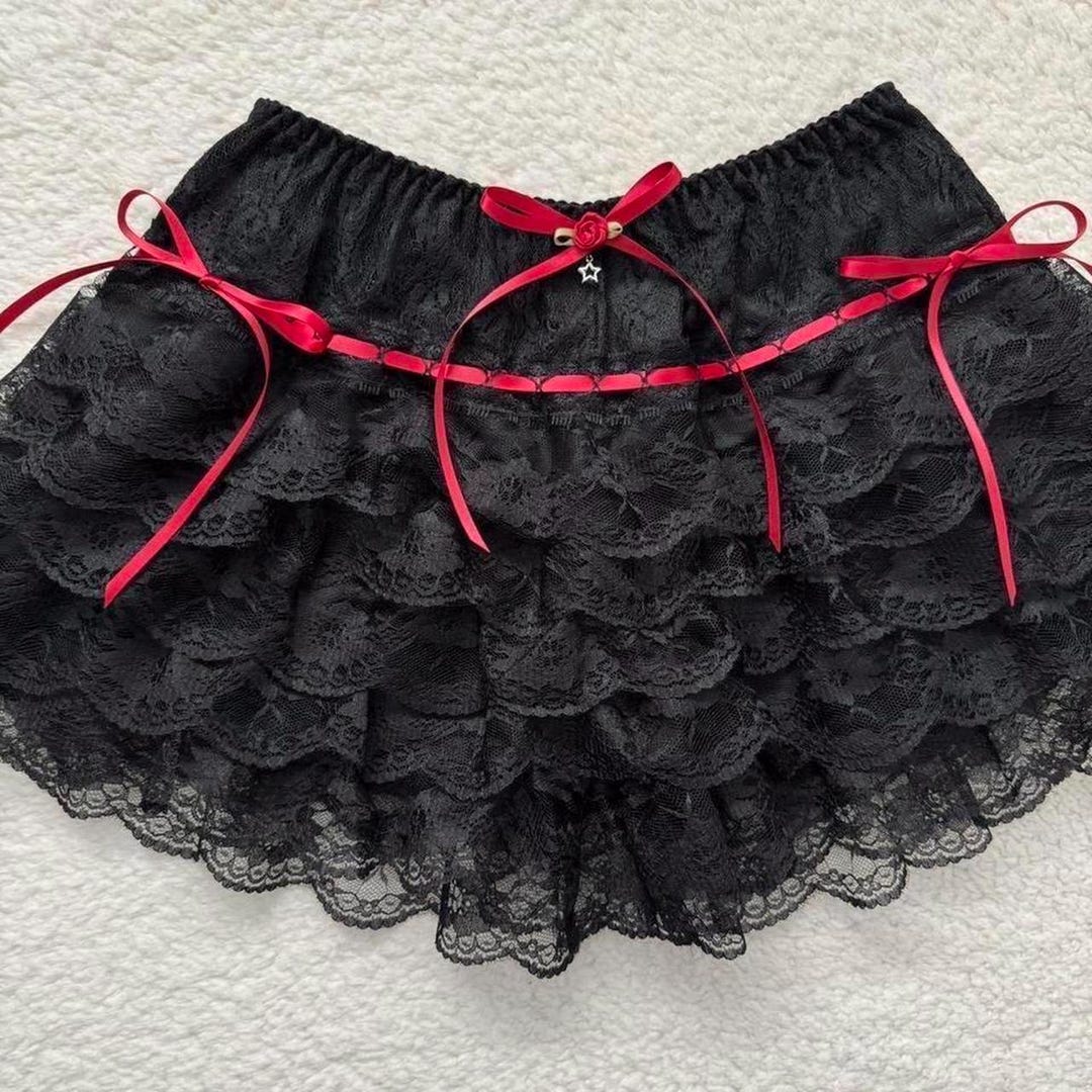 Black Lace Ruffle Bloomer Shorts: Red Rosebud, Red Bow, Silver Star ...
