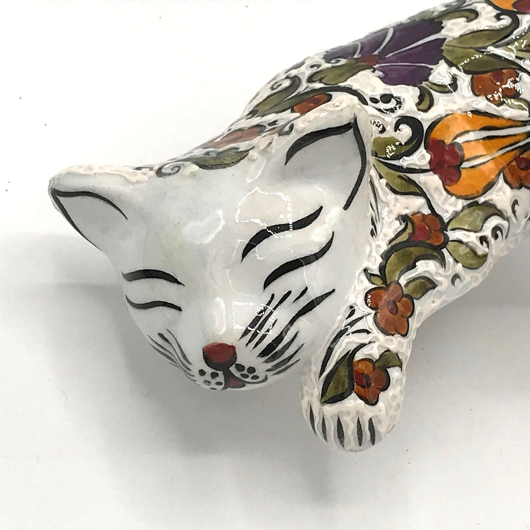 Ceramic Cat With Flower Design on It. Multicolored - Etsy