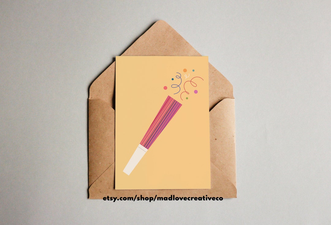 PARTY BLOWER Card Colorful Rainbow Celebration Card for Any - Etsy