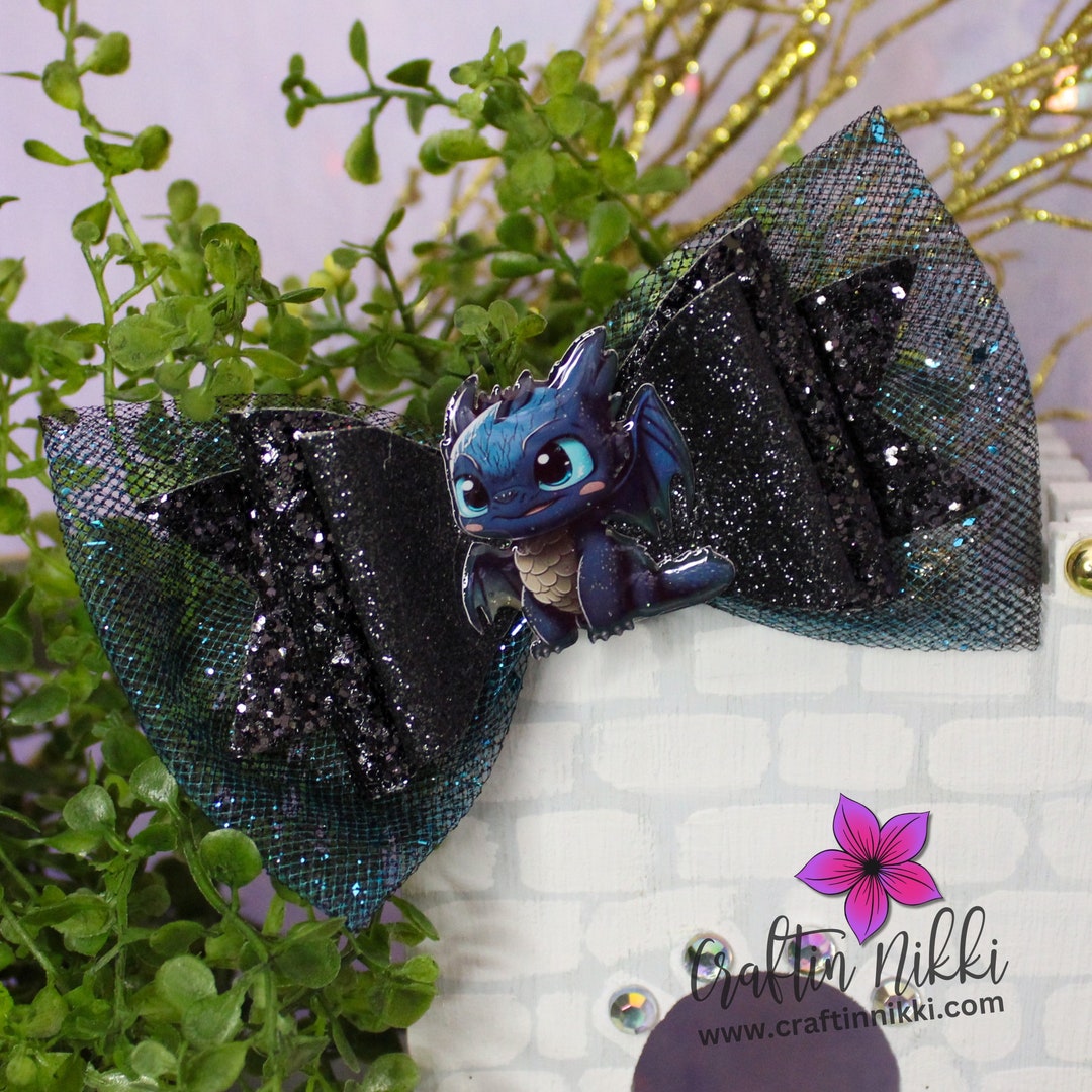 Black Toothless Dragon Glitter Leather Hair Bow Clip | Straw Topper ...