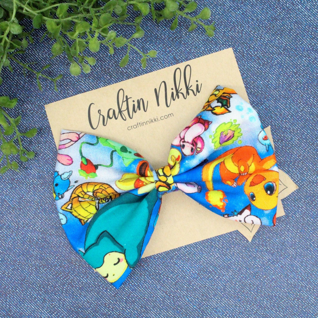 Pocket Monster Blue Tossed Cotton Fabric Hair Bow Clip Set | Adult and ...