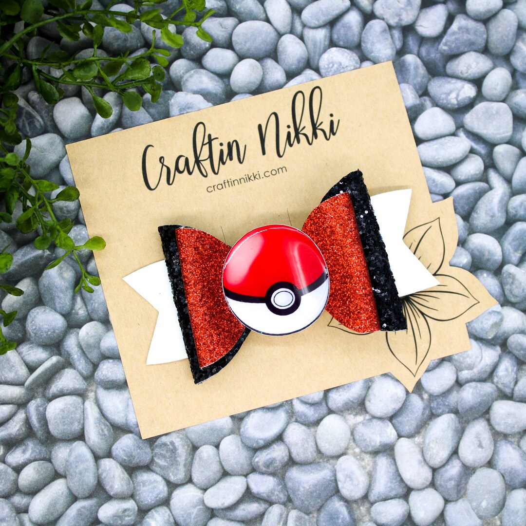 Red and Black Pokeball Pocket Monster Chunky Glitter Hair Bow Clip ...