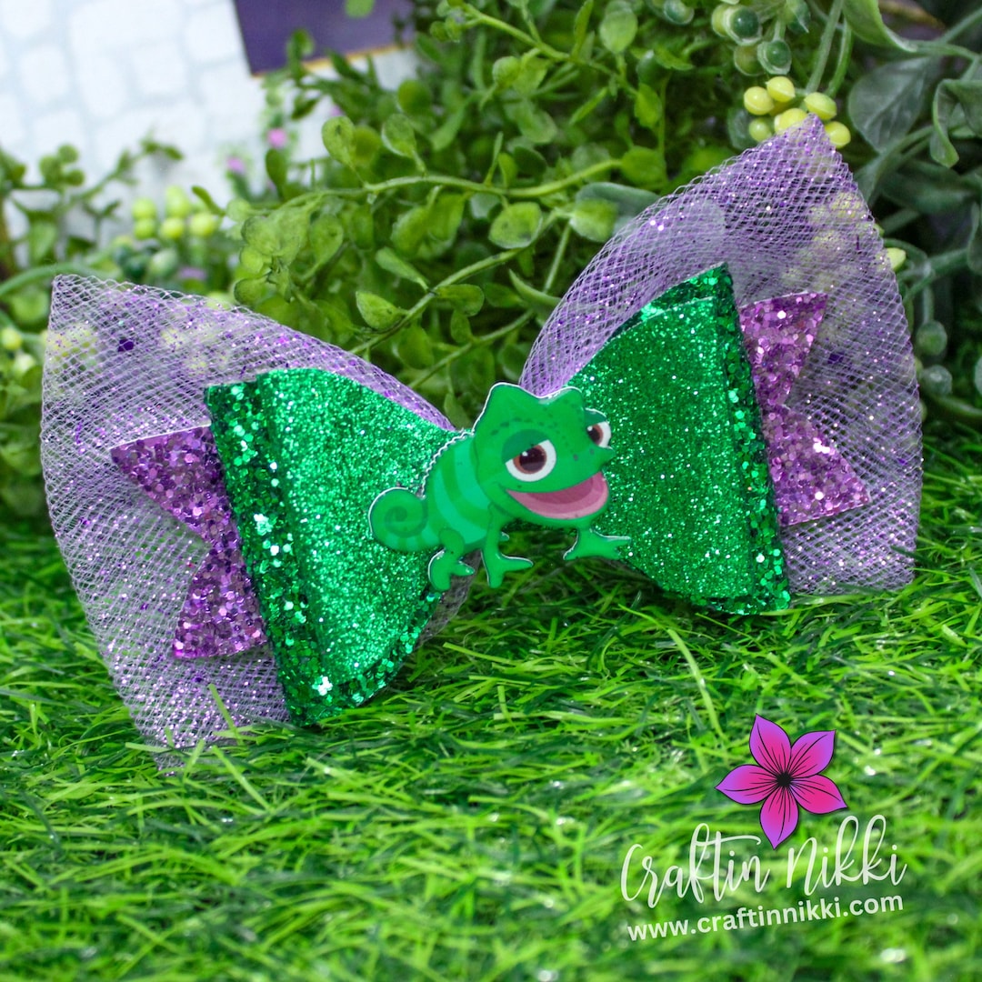 Green Bestie Chameleon Lizard Pet Purple Chunky Glitter and Tulle Bow ...